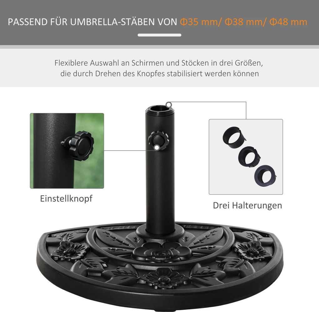 Stojan na slunečník Outsunny 9kg podstavec na zahradní slunečník s motivem květin pro tyče slunečníku Ø35/38/48 mm, HDPE, půlkruhový, černý | Aosom.de