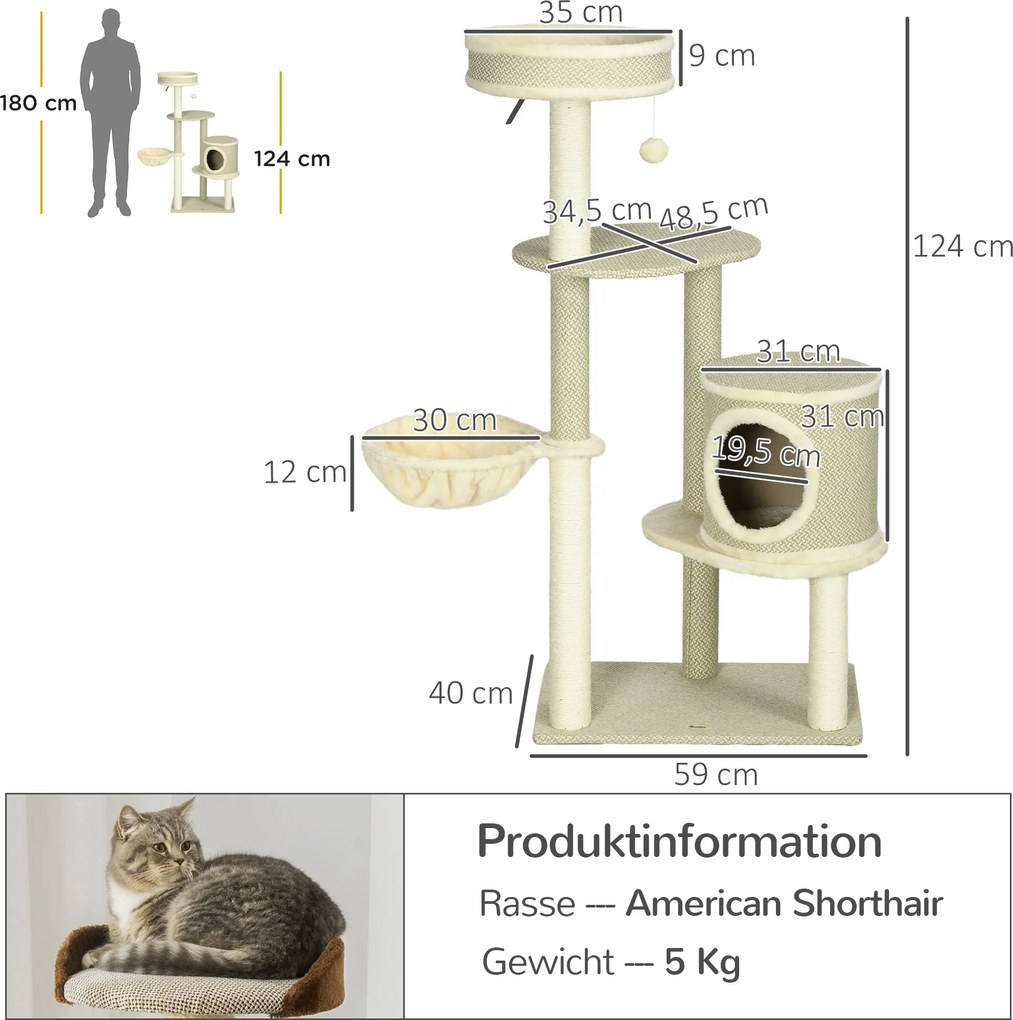 PawHut škrabadlo pro 1-2 kočky 124H cm strom pro kočky se 2 plochami na ležení košík hrací míč šplhací věž pro kočky | Aosom.de