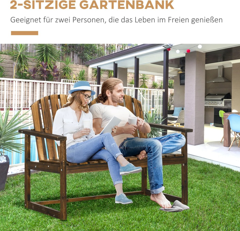 Zahradní lavička Outsunny, dvoumístná lavička, dřevěná lavička s opěrkou, opěrkami na ruce, parková lavička, nosnost až 240 kg, pro zahradu, balkon, …