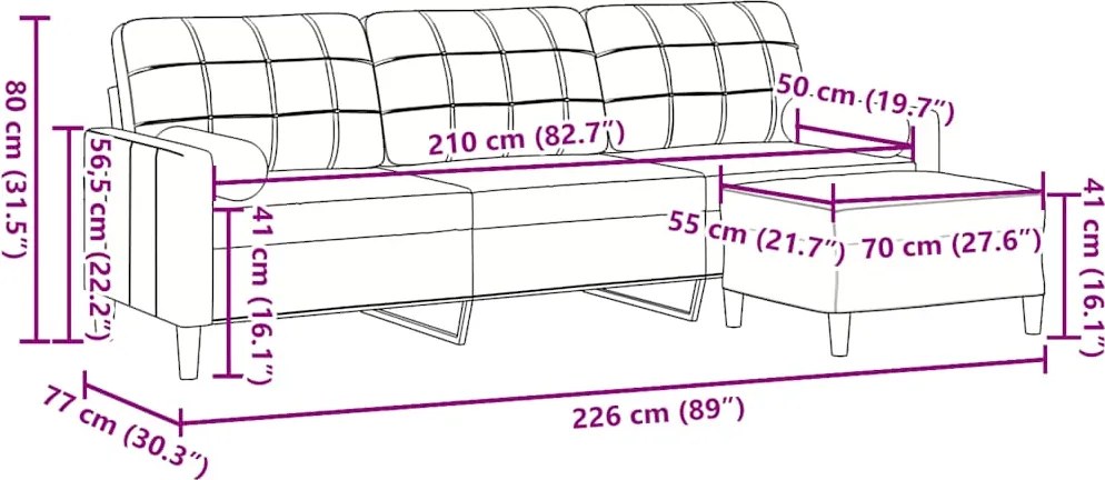 3místná pohovka s podnožkou krémová 210 cm samet 3278285
