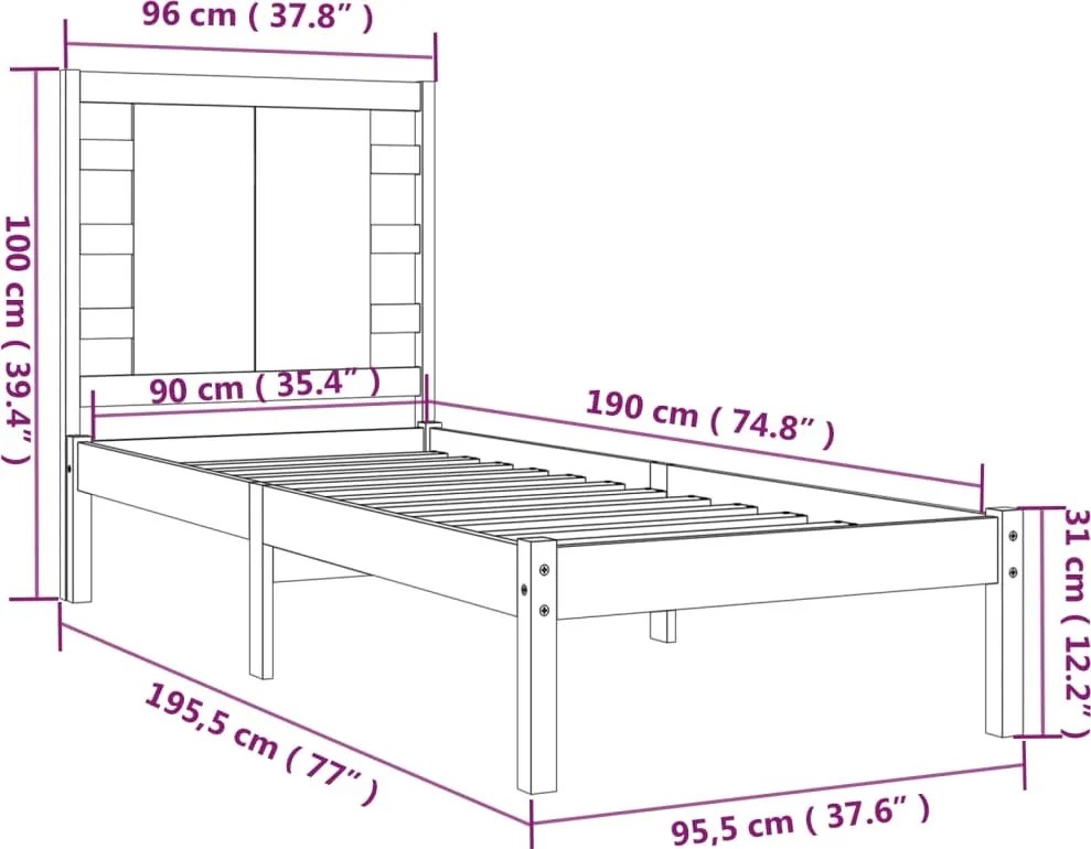 vidaXL Rám postele masivní dřevo 90 x 190 cm Single [3104183] Barva: Bílá