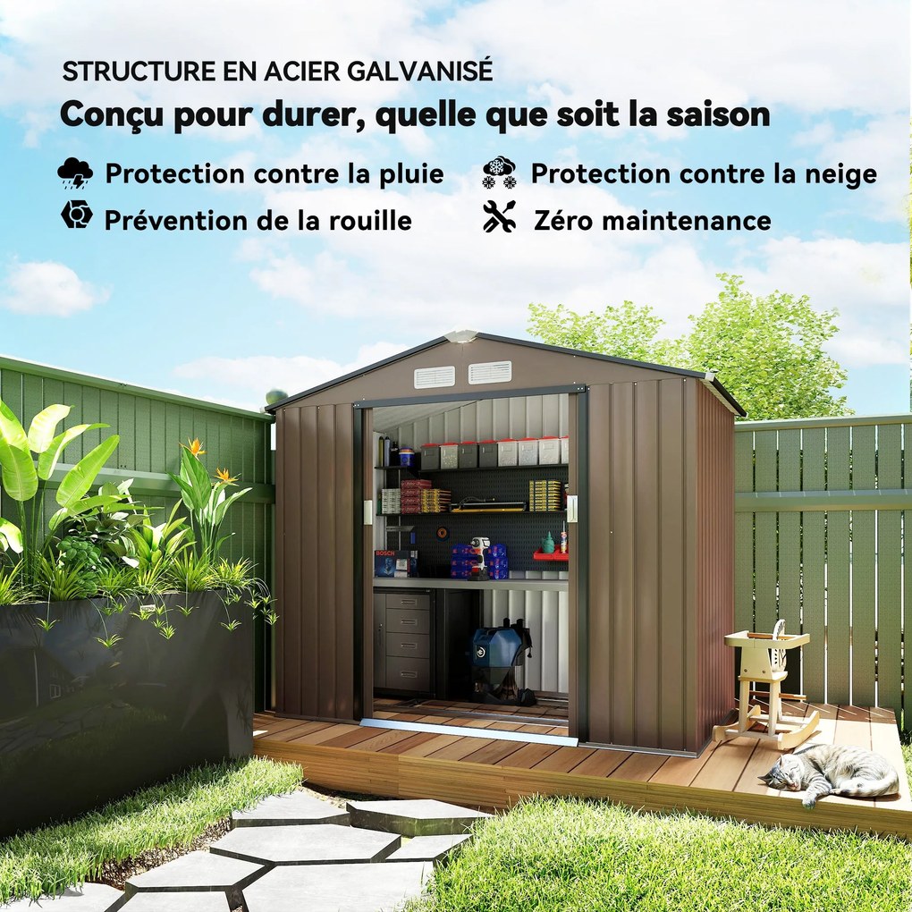 Outsunny kovový skladovací stánek 2,5 m² - Skladovací stánek s podložkou - Zámková vrata - Rozměry 213D x 130Š x 185V cm - Hnědý ocelový plech | Aosom