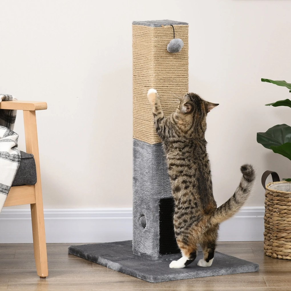 PawHut 79 cm Kočičí Škrabadlo se Závěsným Míčkem a Jutovým Sloupem 59.5x39x79 cm Šedé