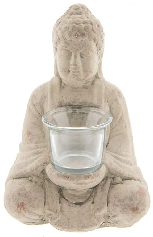 Šedý teracottový svícen budha na čajovou svíčku – 13x11x21 cm