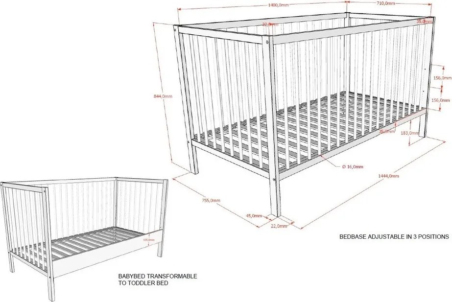 Hnědá postýlka z bukového dřeva s odnímatelným bokem/s nastavitelnou výškou 70x140 cm Dino – Vipack
