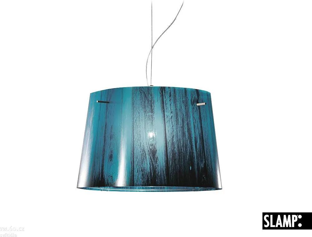 Slamp Woody, designové závěsné svítidlo s modro-černým stínítkem v dekoru dřeva, 1x100W, prům. 37cm