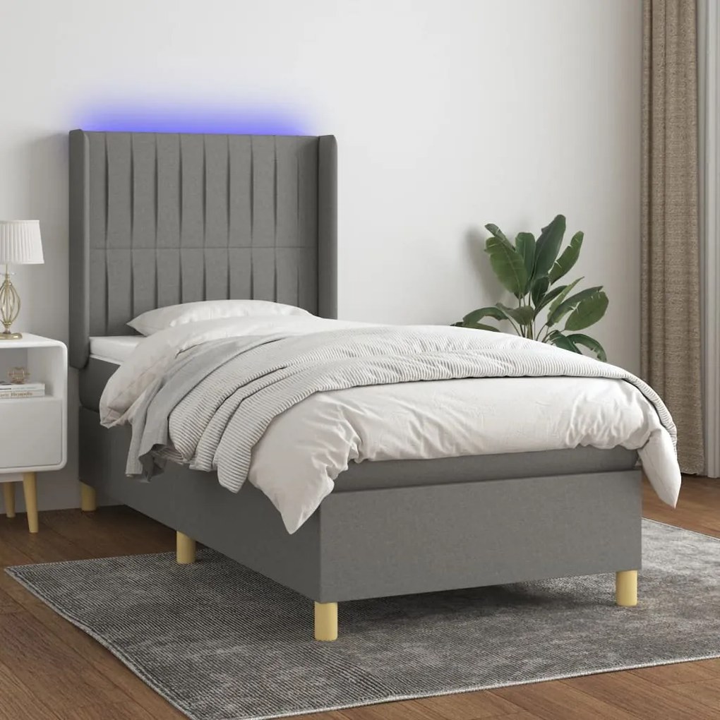 Box Spring Postel S Matrací A Led Textil Tmavě Šedá Svislé pruhy 80 x 200