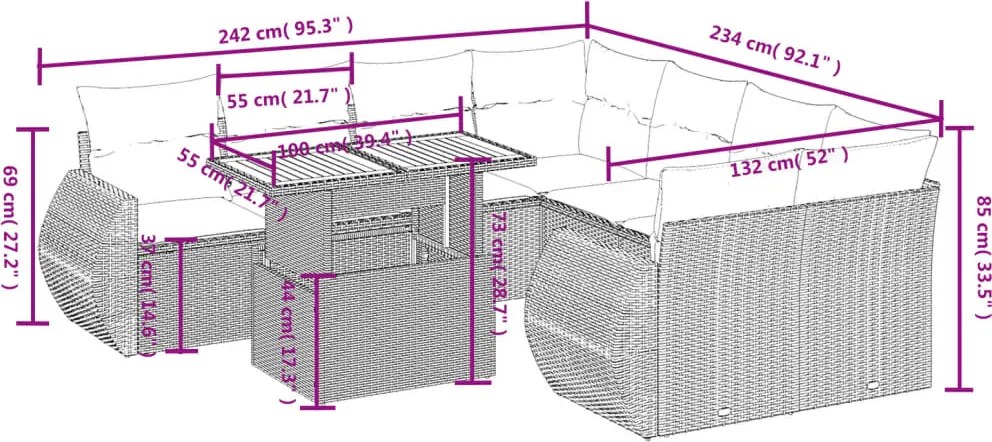 9dílná zahradní sedací souprava s poduškami šedá polyratan 3272124