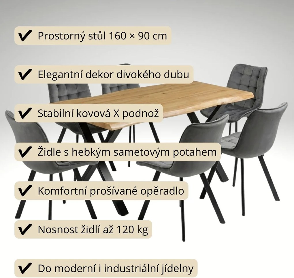 Vikio Jídelní set pro 6 osob 160x90 cm dub noha X šedá židle VJS236-6S-S