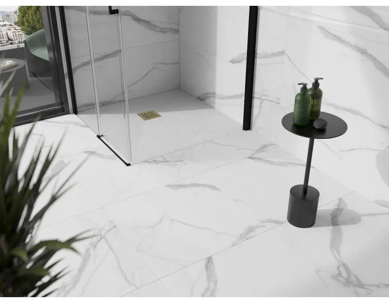 Mexen Stone+, čtvercová vanička z minerálního kompozitu 90 x 90 cm, bílá, zlatá lesklá krytka, 44109090-G