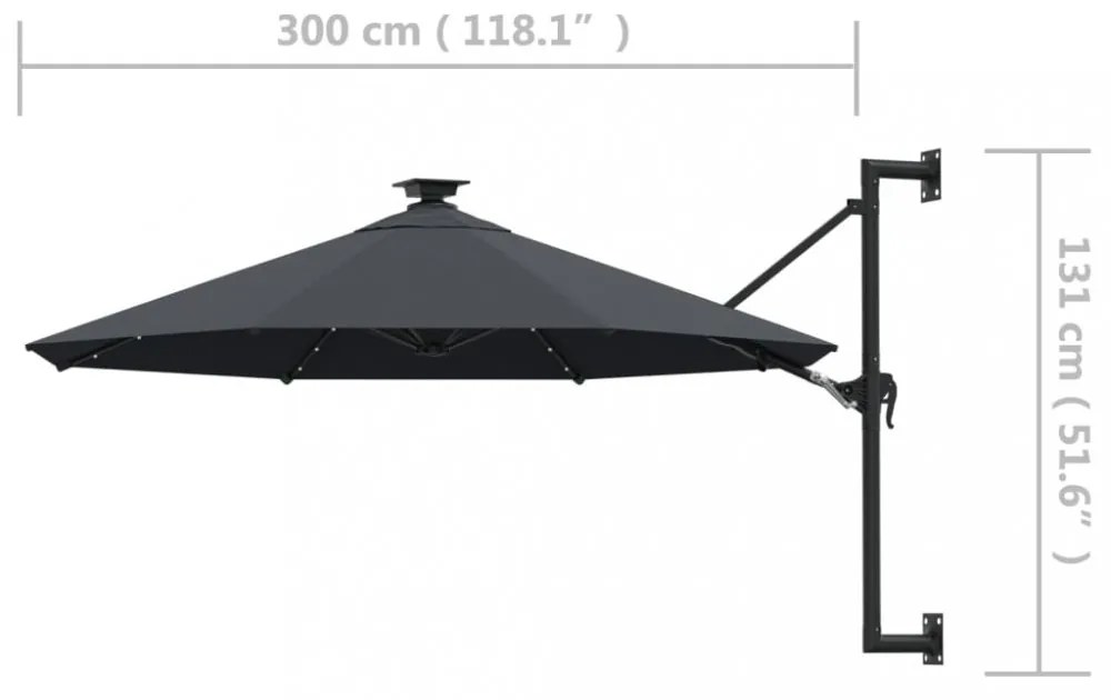 Nástěnný slunečník s LED světly Ø 300 cm látka / kov Dekorhome Šedohnědá taupe