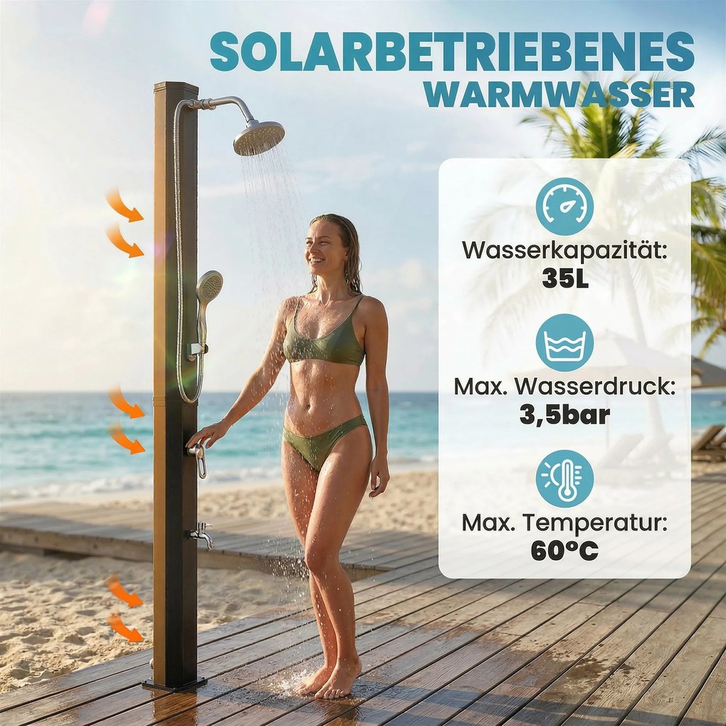 Solární sprcha 35L zahradní sprcha s ochranou proti mrazu otočná sprchová hlavice kohoutek, připojení zahradní hadice