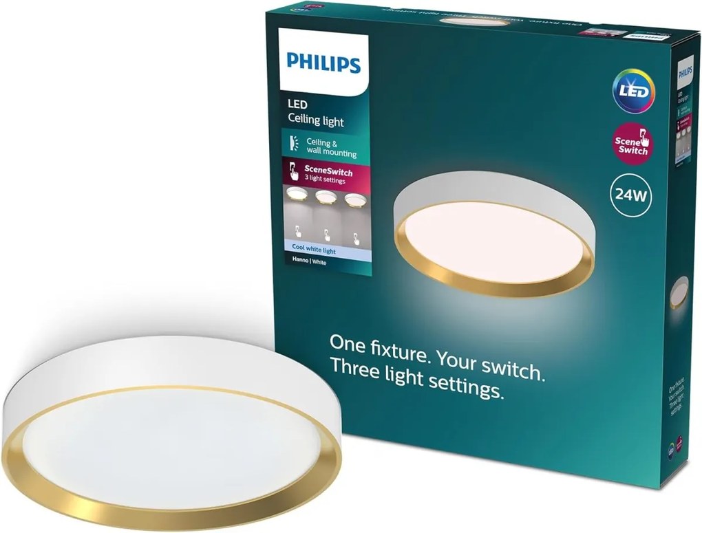 Philips hanno stropní svítidlo led, 24 w, 2800 lm, 4000 k, sceneswitch, bílé/zlaté