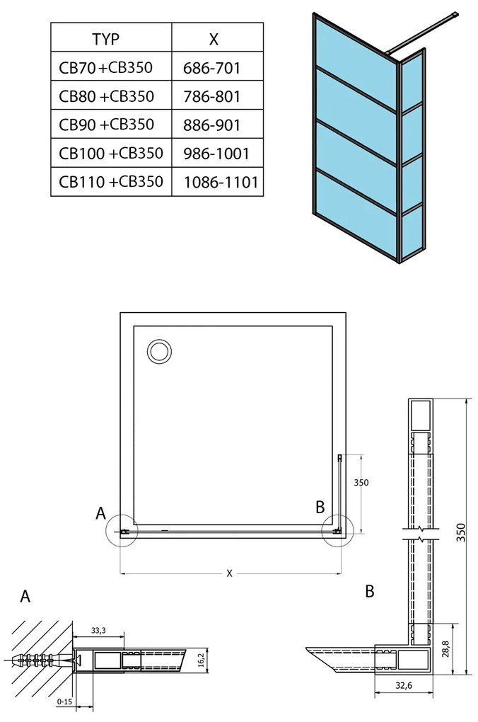 Gelco CURE BLACK sprchová zástěna 900mm, černá mat, CB90