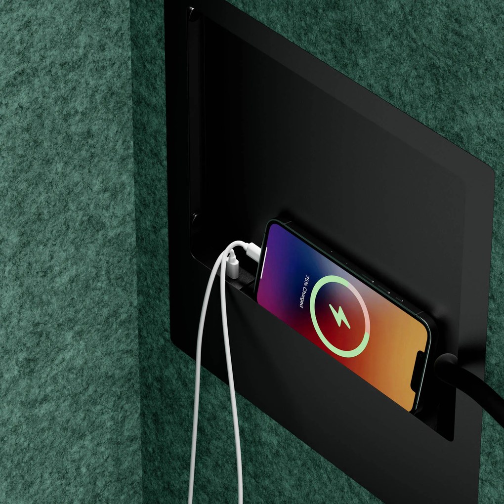 Kancelářská akustická kabina se sedátkem a USB-C portem, korpus černý / sedák zelený, 600 mm: SALLY MentalBox