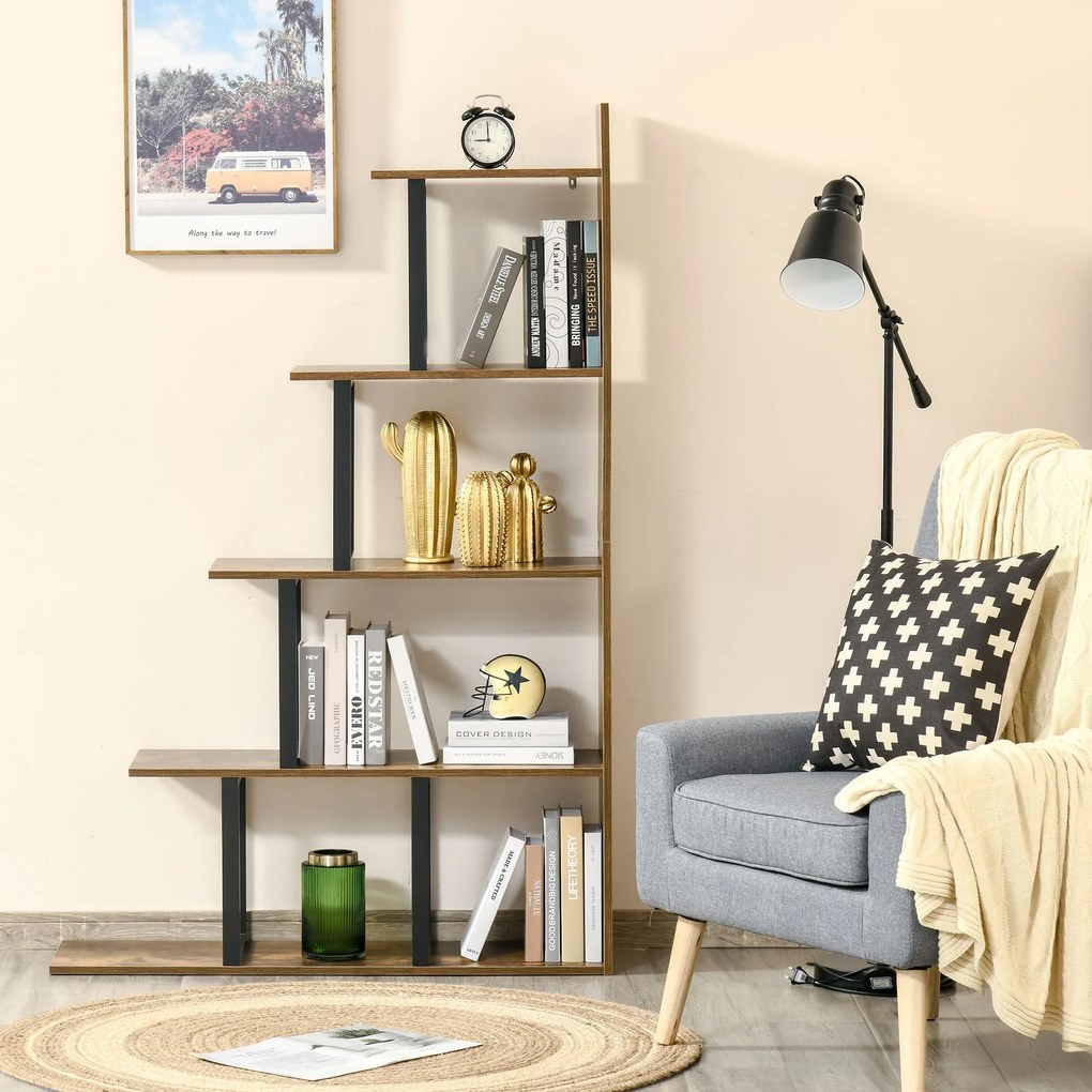 HOMCOM Knihařský regál s 5 policemi ve stylu industriálního schodiště 102 x 30 x 160 cm Rustikální hnědá
