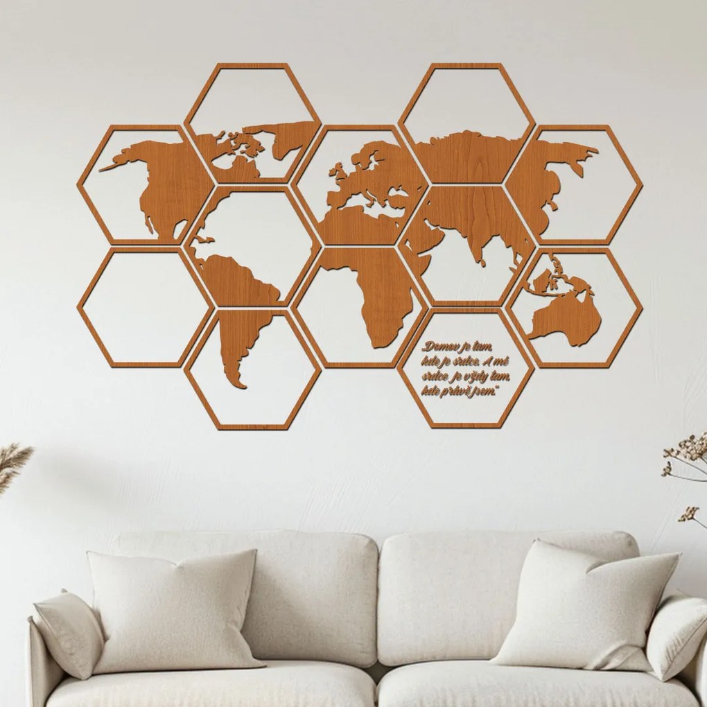 dřevo života Dřevěná mapa světa Hexagon Zvolte barvu dekoru: Třešeň, Rozměry (cm): 93x60