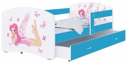 Dětská postel LUKI se šuplíkem MODRÁ 160x80 cm vzor VÍLA