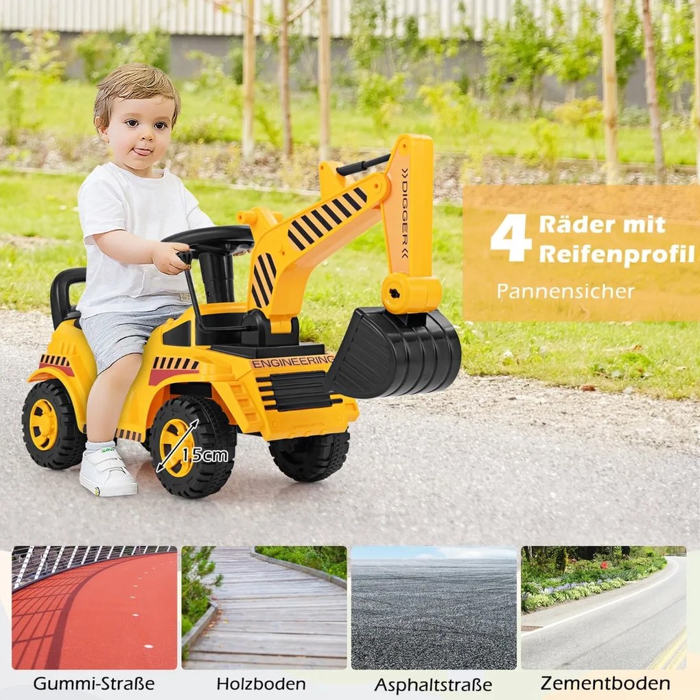 Costway Dětský bagr s nastavitelnou lopatou a úložným prostorem pod sedadlem.