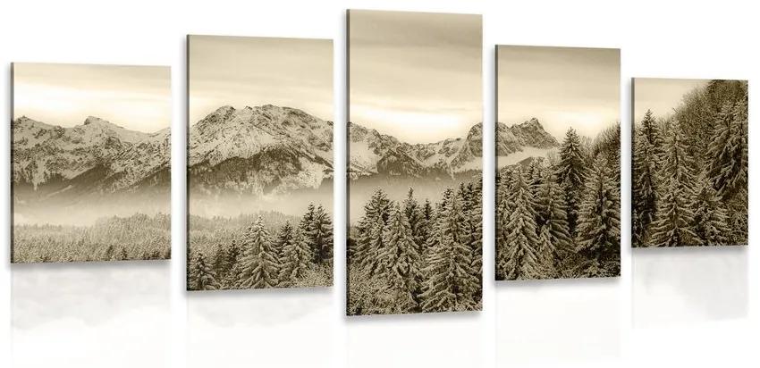 5-dílný obraz zamrzlé hory v sépiovém provedení Varianta: 100x50