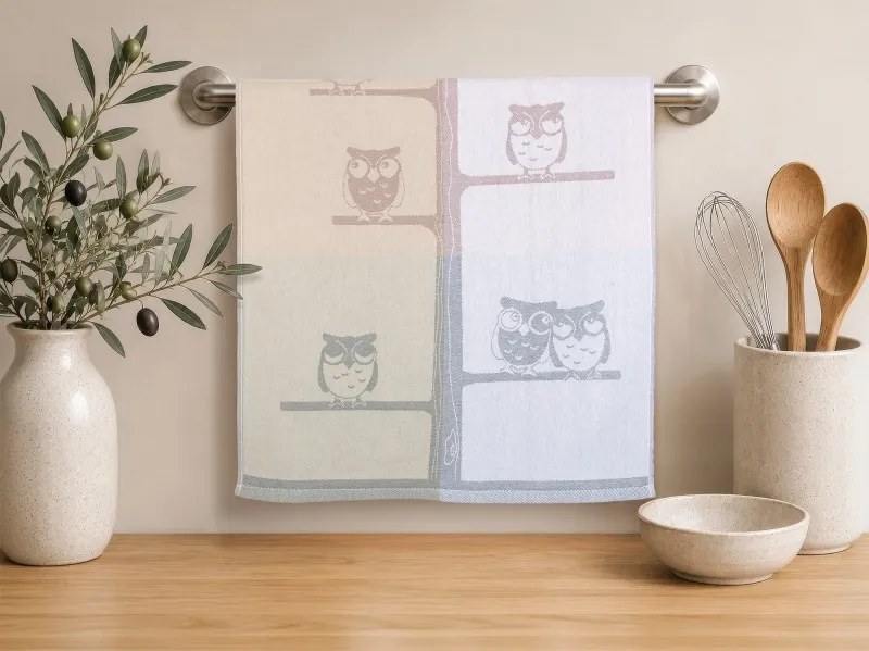 Bellatex Kuchyňská utěrka 1 ks 50x70 cm Sova Béžová