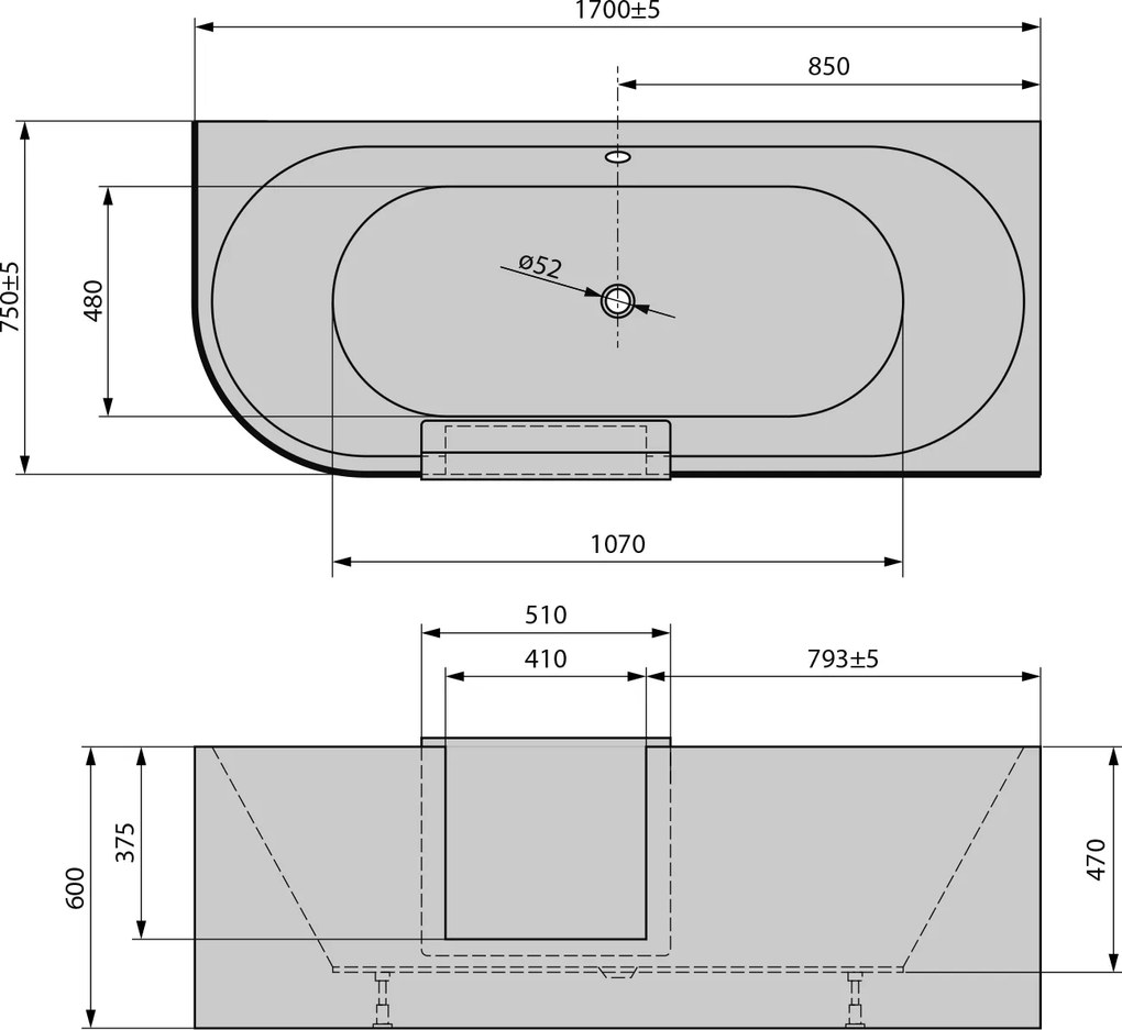 Polysan PORTAS R asymetrická vana s dvířky 170 x 75 x 60 cm pravá akrylát bílá 75541