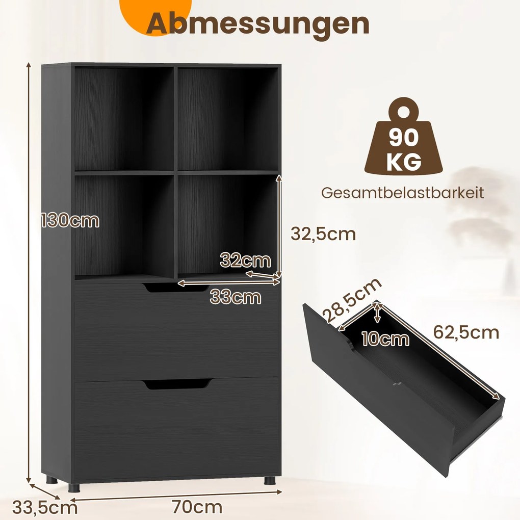 Costway 4-kostková knihovna s 2 zásuvkami 130 cm 5-patrová volně