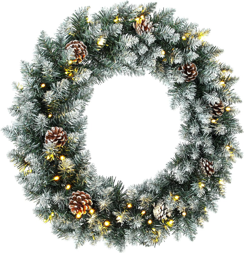 HOMCOM Vánoční věnec 60 cm Osvětlený věnec na dveře s 50 LED Šišky Umělý sníh na Vánoce Adventní dveře