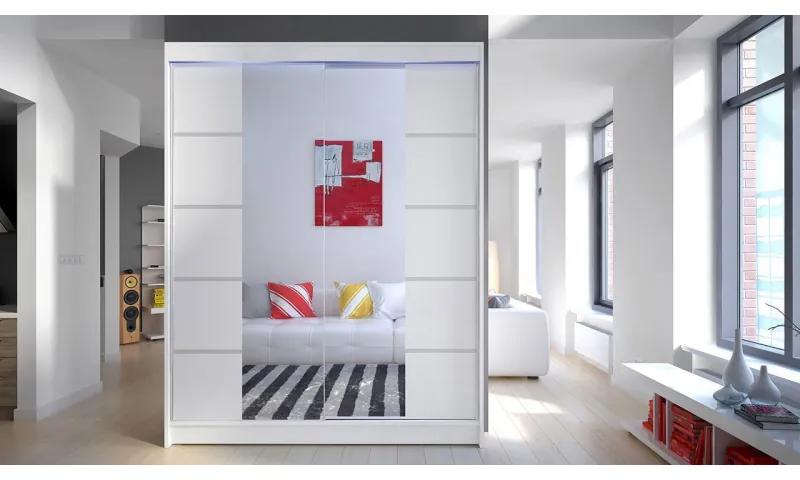 Posuvná skříň Belgia V, Barva: bílá + černá + zrcadlo, Osvětlení: osvětlení LED RGB - barevné