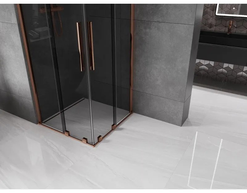 Mexen Velar Duo, sprchový kout s posuvnými dveřmi 100 x 100 cm, 8mm šedé sklo, růžové zlato, 871-100-100-42-60