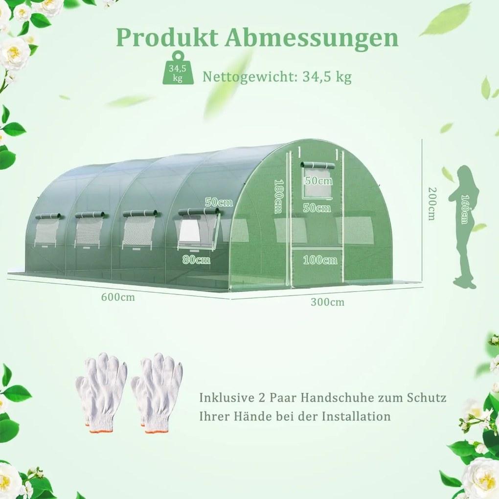 Costway Velký průchozí tunel Greenhouse – 600 × 300 × 200 cm, zelený