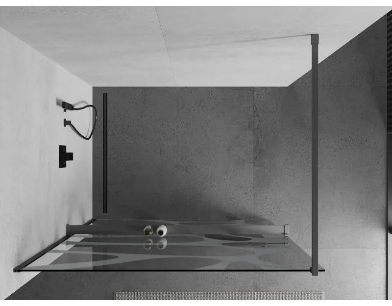Mexen Kioto+, sprchová zástěna Walk-In s poličkou a věšákem 100 x 200 cm, 8mm čiré sklo bílý vzor, grafitový profil, 800-100-121-95-97