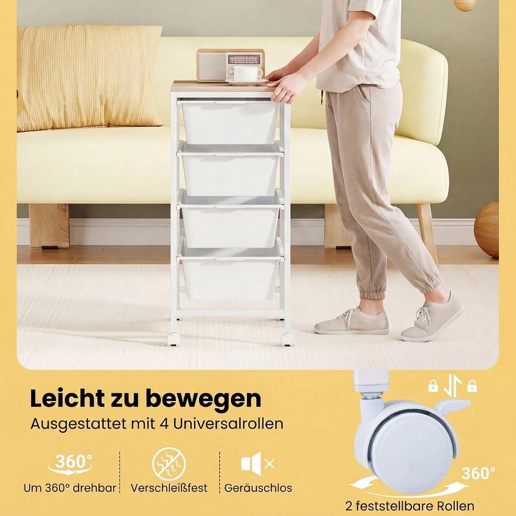 Costway Pojízdný zásuvkový vozík s 4 zásuvkami z plastu – 37 × 32,5 × 71 cm