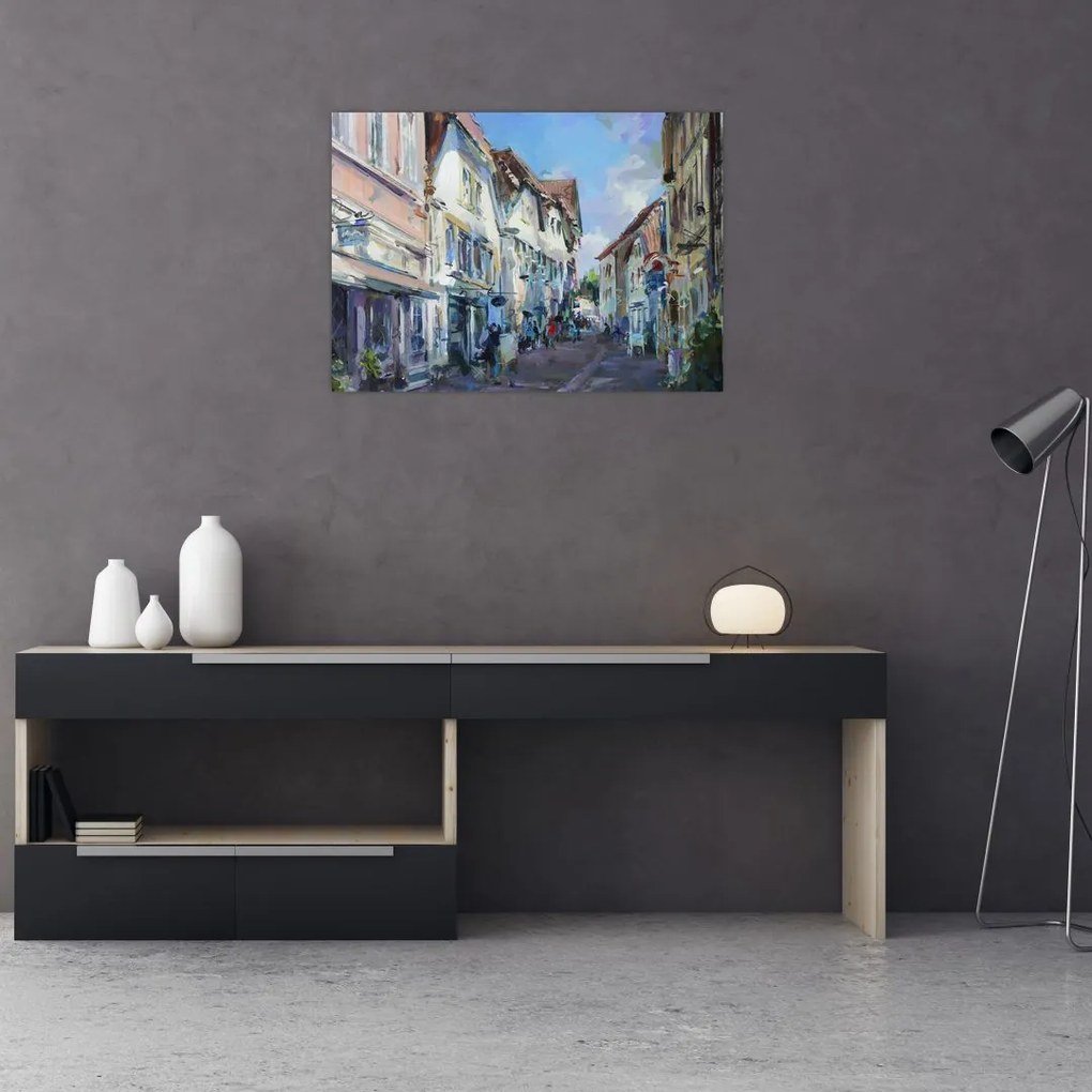 Skleněný obraz - Ulička starého města, akrylová malba (70x50 cm)