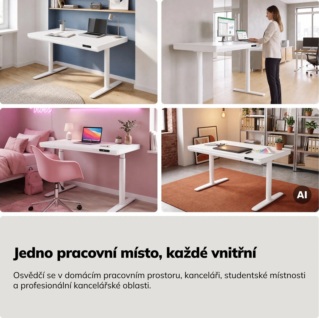 Elektrický psací stůl sit-stand se zásuvkou a bezdrátovou nabíječkou Qi bílý, 1200 mm: ELLIS