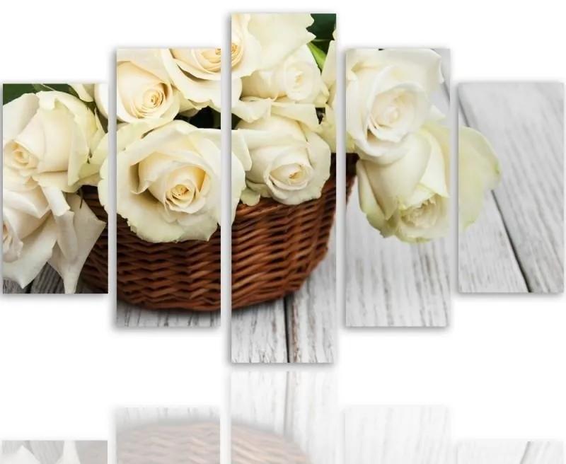 Obraz na plátně pětidílný Bílé růže Přírodní květiny - 200x100 cm
