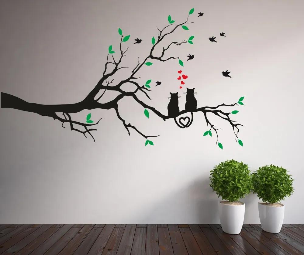 WALLVINIL Samolepky na zeď - Větev a zamilované kočky Velikost: 90x52 cm, Pravá / Levá: PRAVÁ (strom/větev směřuje doprava), Barva: STANDARDNÍ ( černý základ, zelené lístky a červené srdíčka )