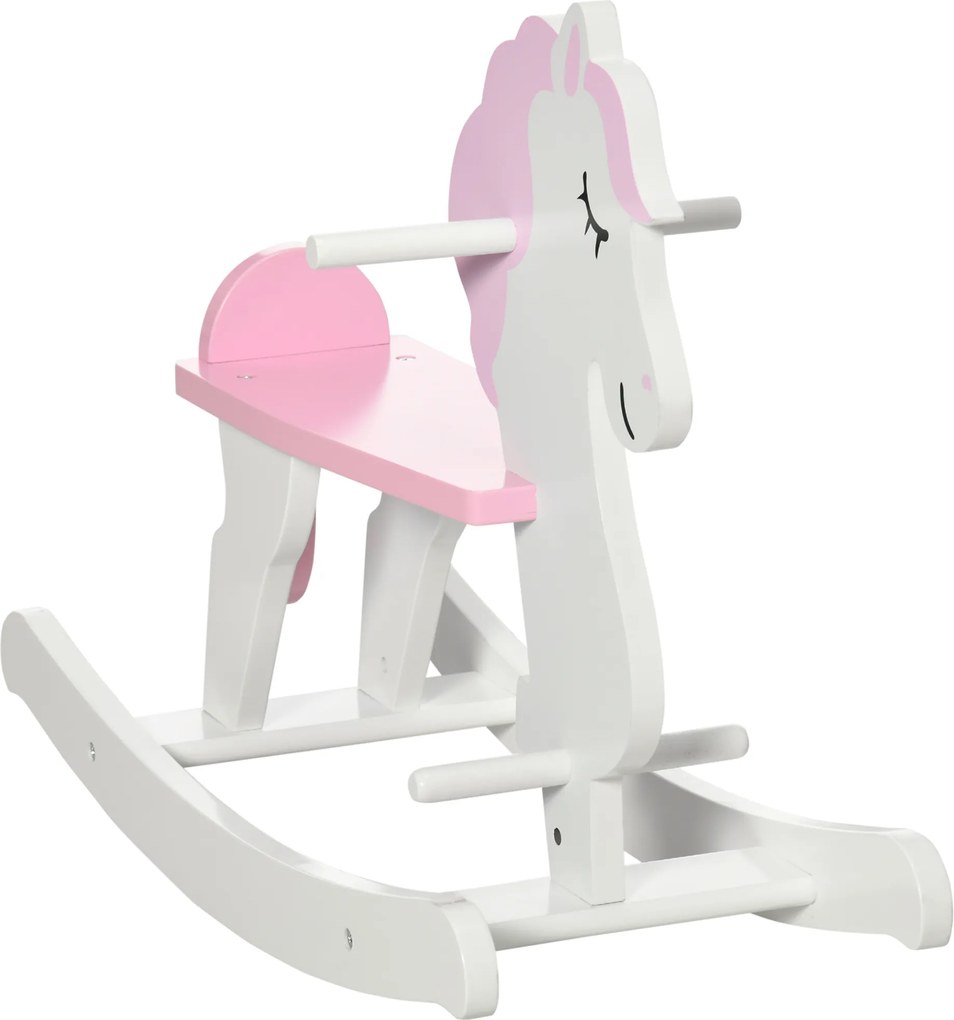 HOMCOM Houpací Kůň pro Děti 1-3 Roční Houpací Dřevěný Kůň s Řídítky a Pedály Nosnost 50 kg 68x27x46,5 cm Bílá a Růžová