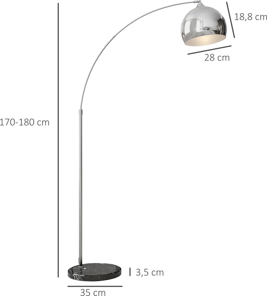 HOMCOM Stojací lampa, 40 W, 100-115L x 30W x 170-180H cm, výškově nastavitelná, otočná, oblouková lampa s žárovkou, patice E27, stříbrná | Aosom