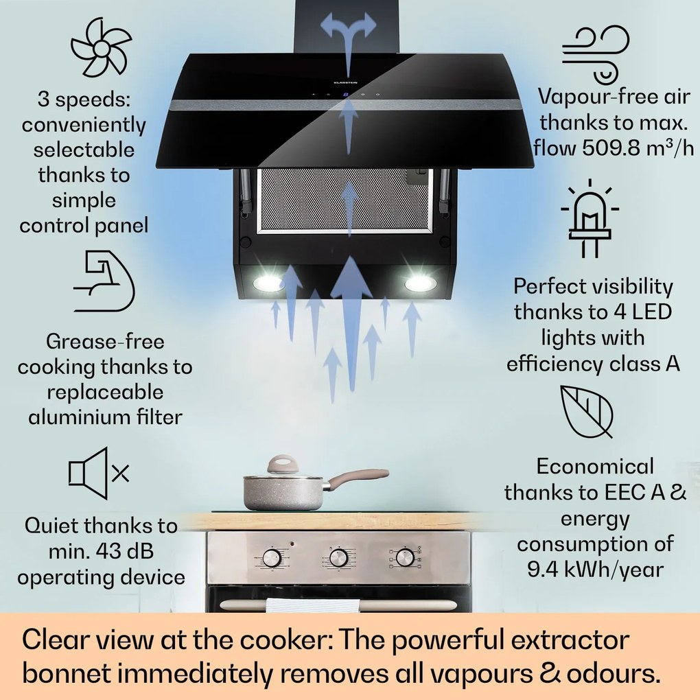 Klarstein Clara 60, digestoř, 60 cm, nástěnná, 509 m³/h, dotykový displej, LED podsvícení, bílá