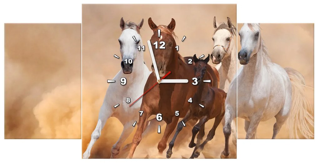 Gario Obraz s hodinami Cválající koně - 3 dílný Rozměry: 90 x 70 cm