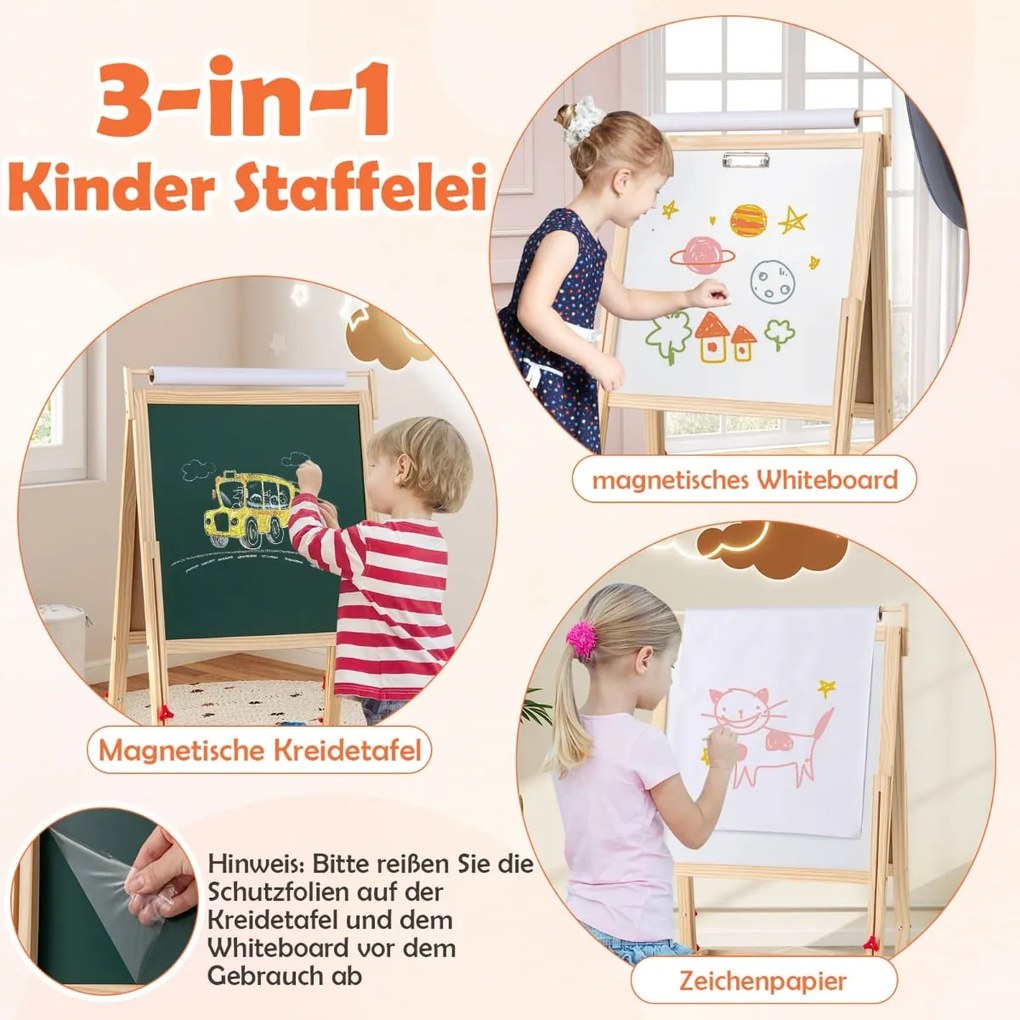 Costway 3 v 1 Dětská tabule s magnetickou tabulí a papírová role