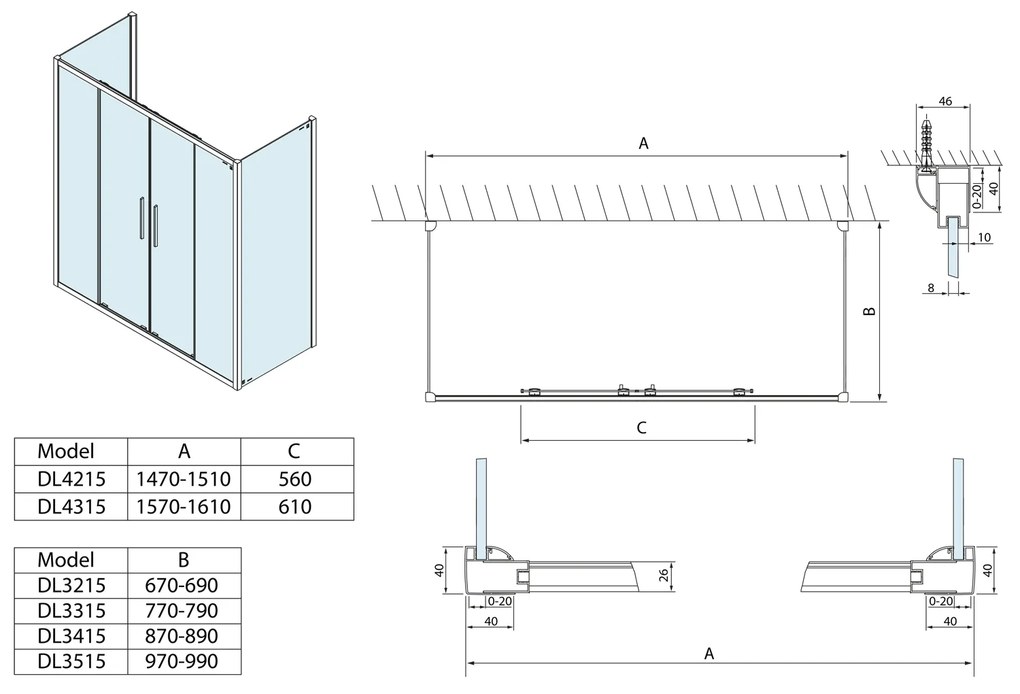 Polysan LUCIS LINE třístěnný sprchový kout 1600x700x700mm DL4315DL3215DL3215