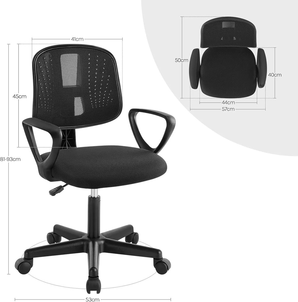 WOLTU Dětská otočná židle s područkami – ergonomická kancelářská židle, černá