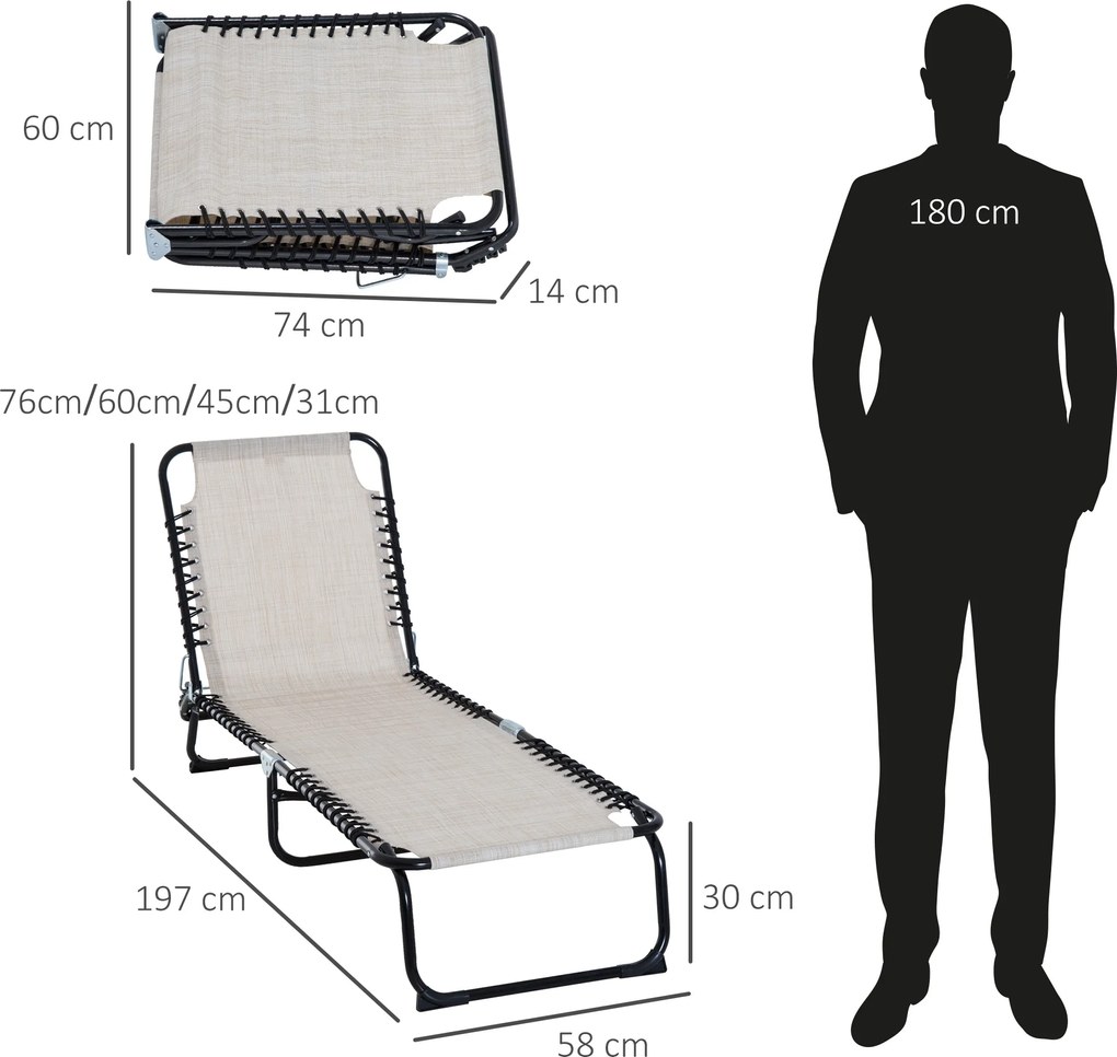 Outsunny lehátko skládací zahradní lehátko 4stupňové nastavitelné opěradlo ocelová síťovina béžová 197x58x76 cm pro hodiny relaxace venku |