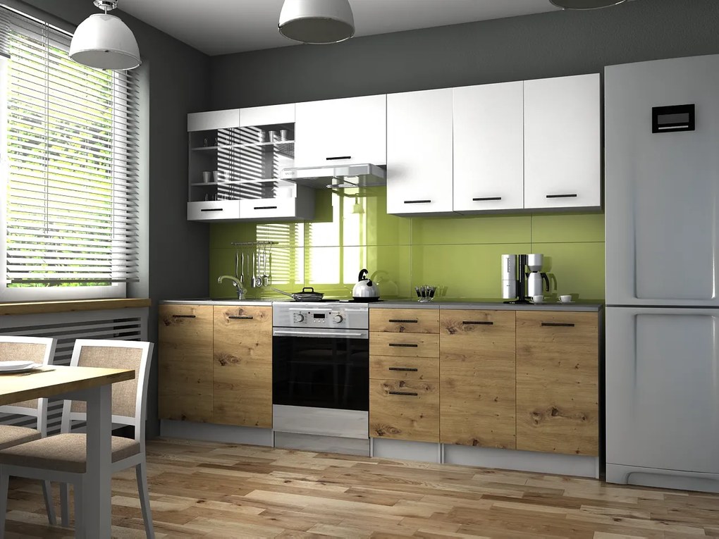 Kuchyňská linka PAMELA 260x200 - Bílá + artisan - Rychlé dodání