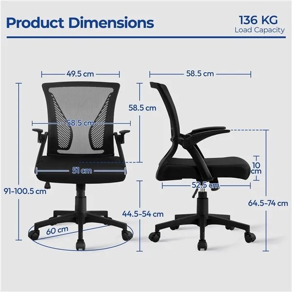 Kancelářská židle Yaheetech – černá, 60 cm (šířka) × 58,5 cm (hloubka) × 91,5 cm – 100,5 cm (výška) (267536686858)