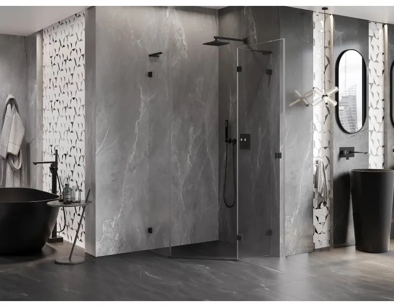 Mexen Lunar, L pravý výklopný pětiúhelníkový sprchový kout 80 x 80 cm, 8mm čiré sklo, černý profil, 831L-080P-080L-70-00-P