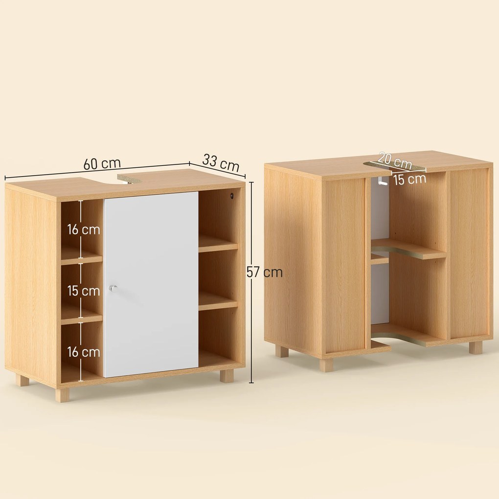 HOMCOM skříňka pod umyvadlo se 2 dvířky s tlumeným dovíráním a 6 otevřenými policemi, 60x33x57 cm, bílá