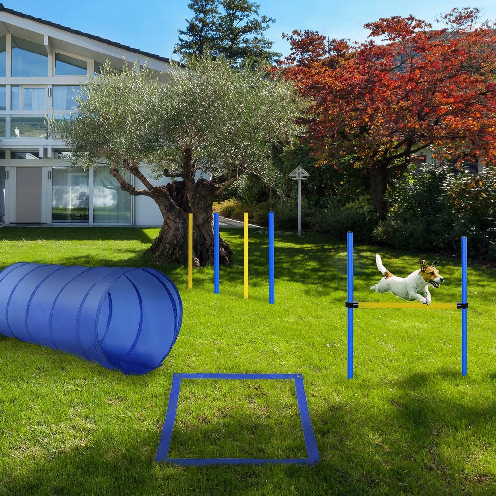 Výcvikový set PawHut pro agility psů s tunelem, slalomovými tyčemi, překážkami a startovním polem pro aktivní výcvik psů Modrá